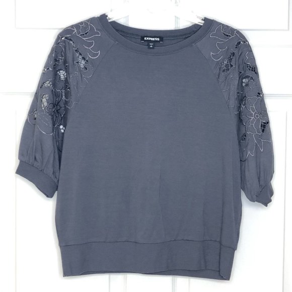 Express | Tops | Express Dk Gray Lace Cutout Sleeve Pullover Top S ...